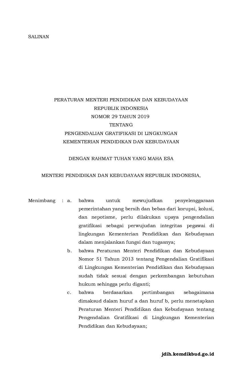 Peraturan Menteri Pendidikan dan Kebudayaan No 29 tahun 2019 tentang Pengendalian Gratifikasi di ...