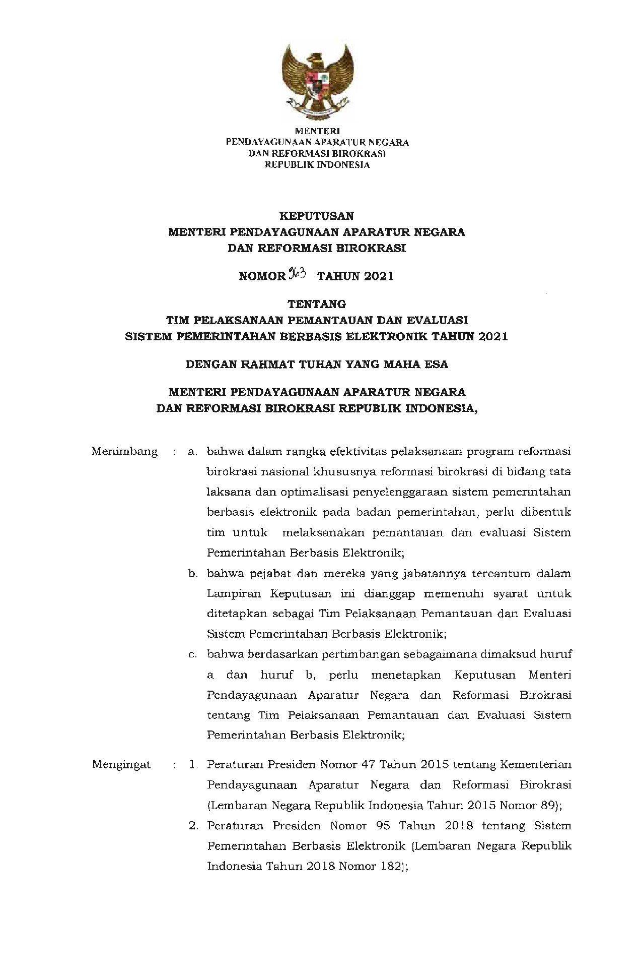 Keputusan Menteri Negara Pendayagunaan Aparatur Negara dan Reformasi Birokrasi No 963 tahun 2021 ...