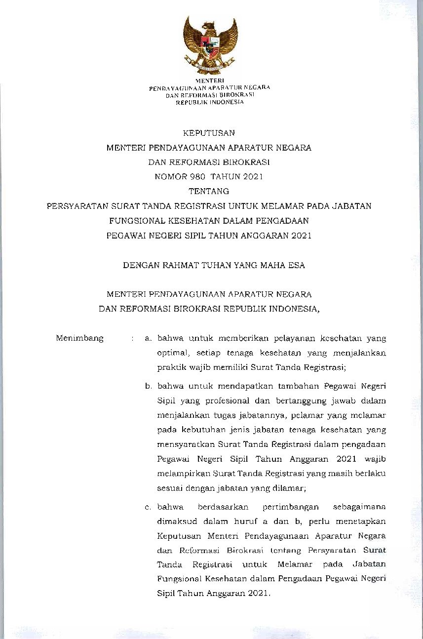 Keputusan Menteri Negara Pendayagunaan Aparatur Negara dan Reformasi Birokrasi No 980 tahun 2021 ...