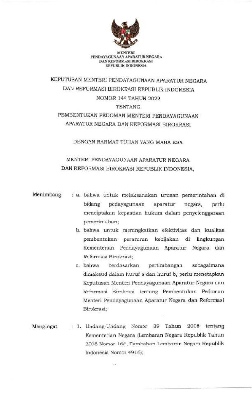 Keputusan Menteri Negara Pendayagunaan Aparatur Negara dan Reformasi Birokrasi No 144 tahun 2022 ...