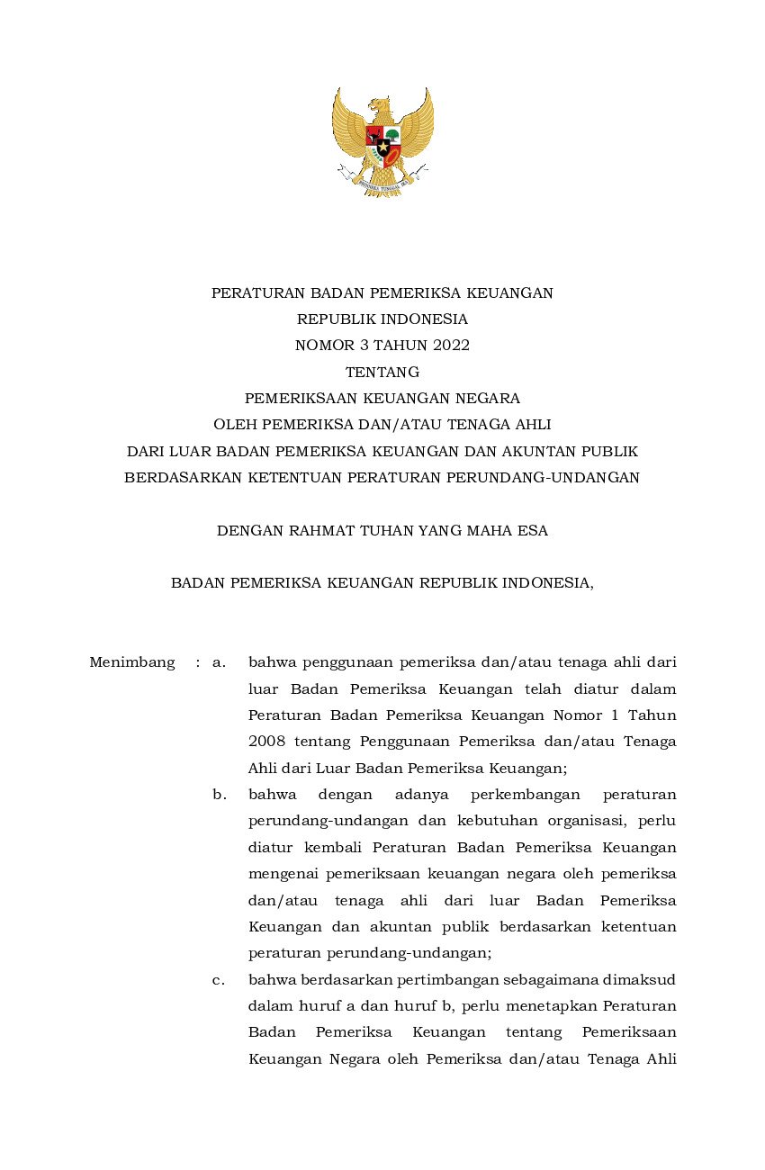 Peraturan Badan Pemeriksa Keuangan RI (BPK-RI) No 3 tahun 2022 tentang ...