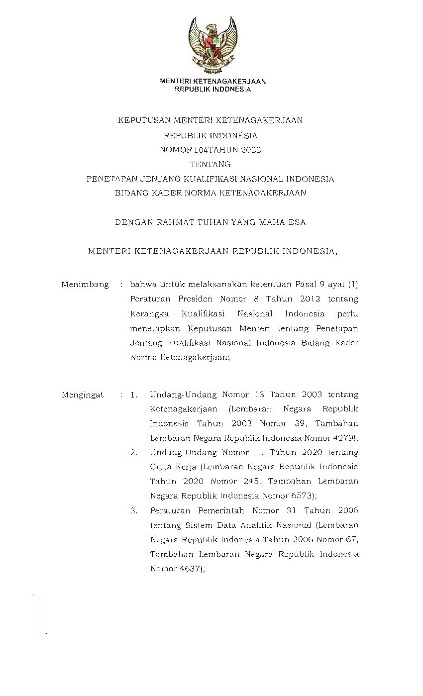 Keputusan Menteri Ketenagakerjaan No 104 Tahun 2022 Tentang Penetapan