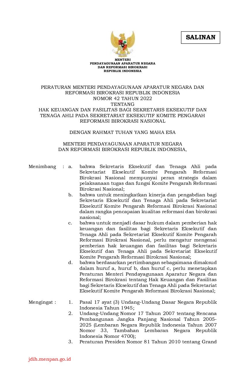 Peraturan Menteri Negara Pendayagunaan Aparatur Negara dan Reformasi Birokrasi No 42 tahun 2022 ...