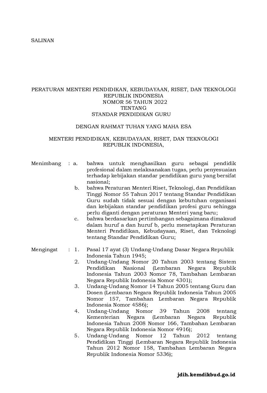 Peraturan Menteri Pendidikan, Kebudayaan, Riset, dan Teknologi (Dikbudristek) No 56 tahun 2022 ...