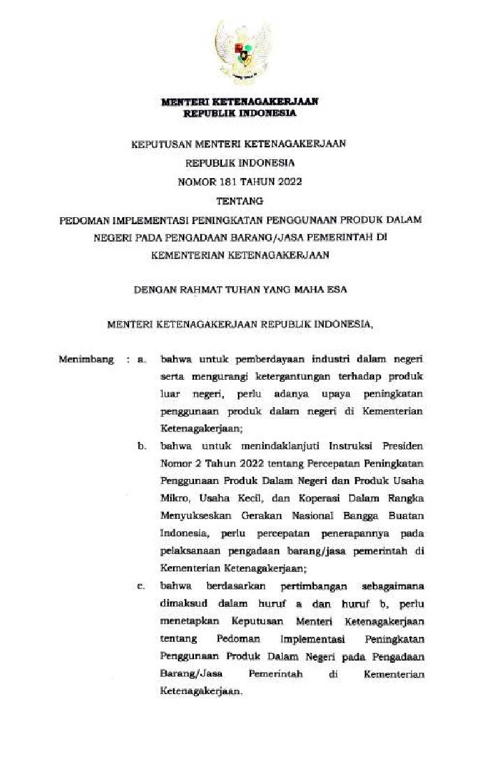 Keputusan Menteri Ketenagakerjaan No 181 Tahun 2022 Tentang Pedoman