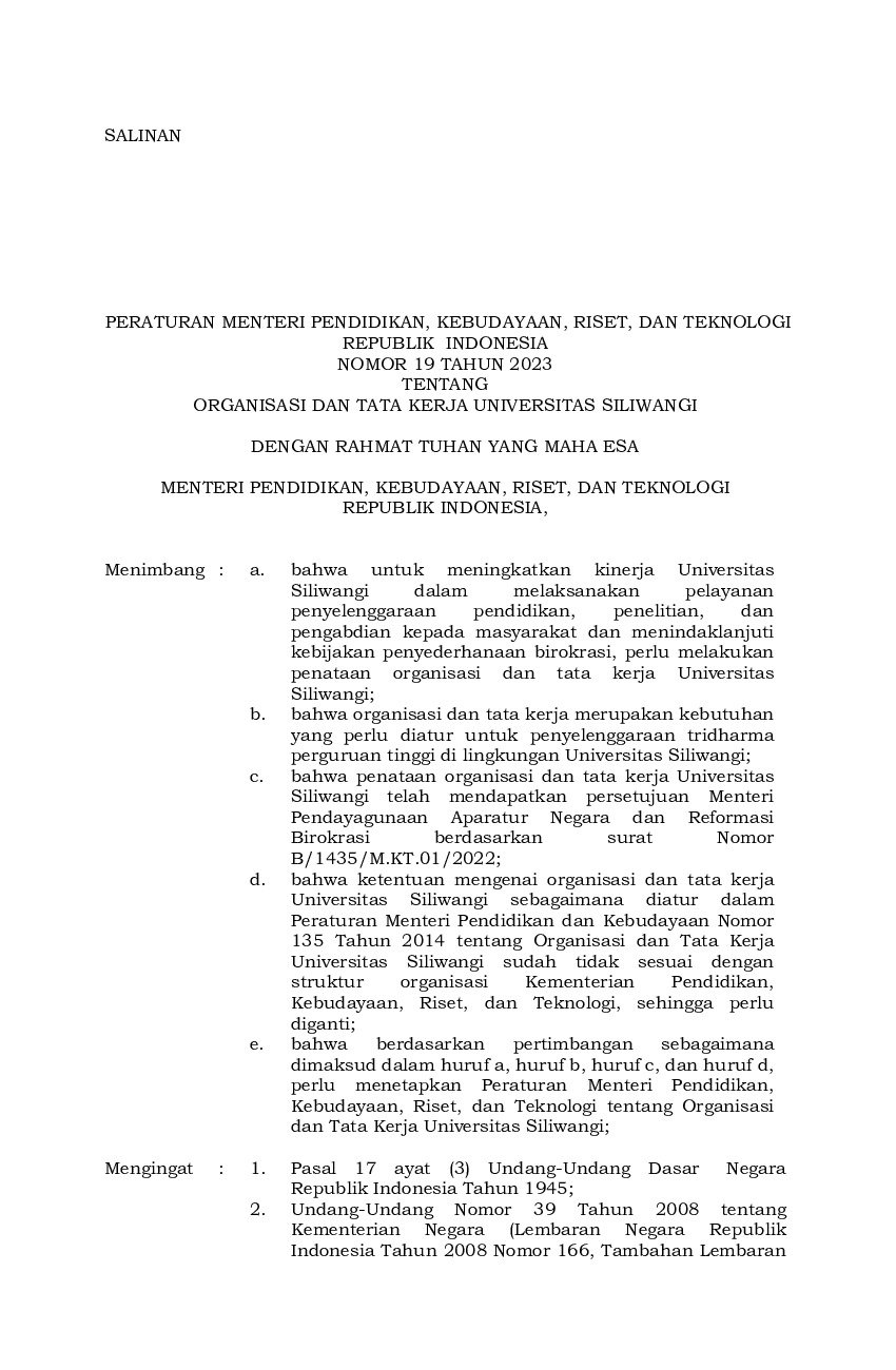Peraturan Menteri Pendidikan, Kebudayaan, Riset, dan Teknologi (Dikbudristek) No 19 tahun 2023 ...