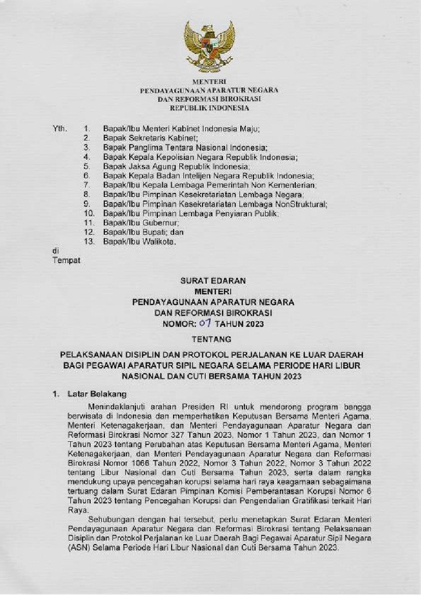 Surat Edaran Menteri Negara Pendayagunaan Aparatur Negara dan Reformasi Birokrasi No 7 tahun ...