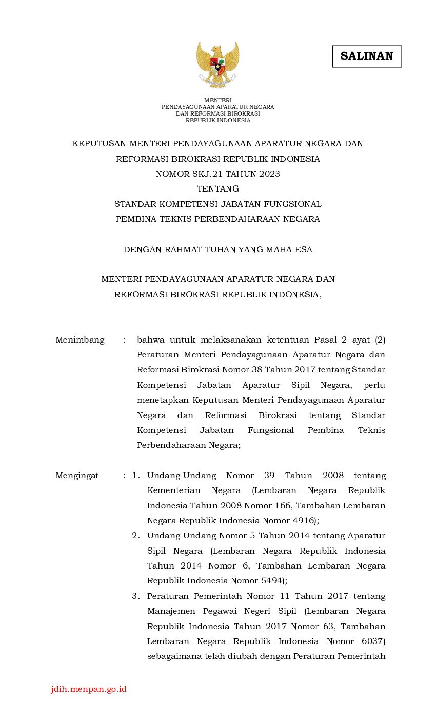 Keputusan Menteri Negara Pendayagunaan Aparatur Negara dan Reformasi Birokrasi No SKJ.21 tahun ...