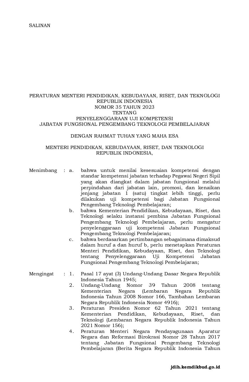 Peraturan Menteri Pendidikan, Kebudayaan, Riset, dan Teknologi (Dikbudristek) No 35 tahun 2023 ...