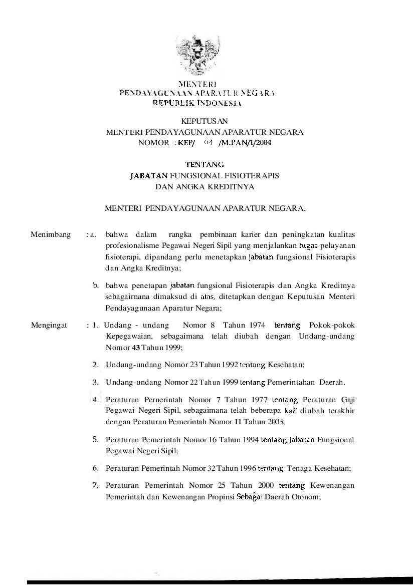 Keputusan Menteri Negara Pendayagunaan Aparatur Negara dan Reformasi Birokrasi No KEP/04/M.PAN/1 ...